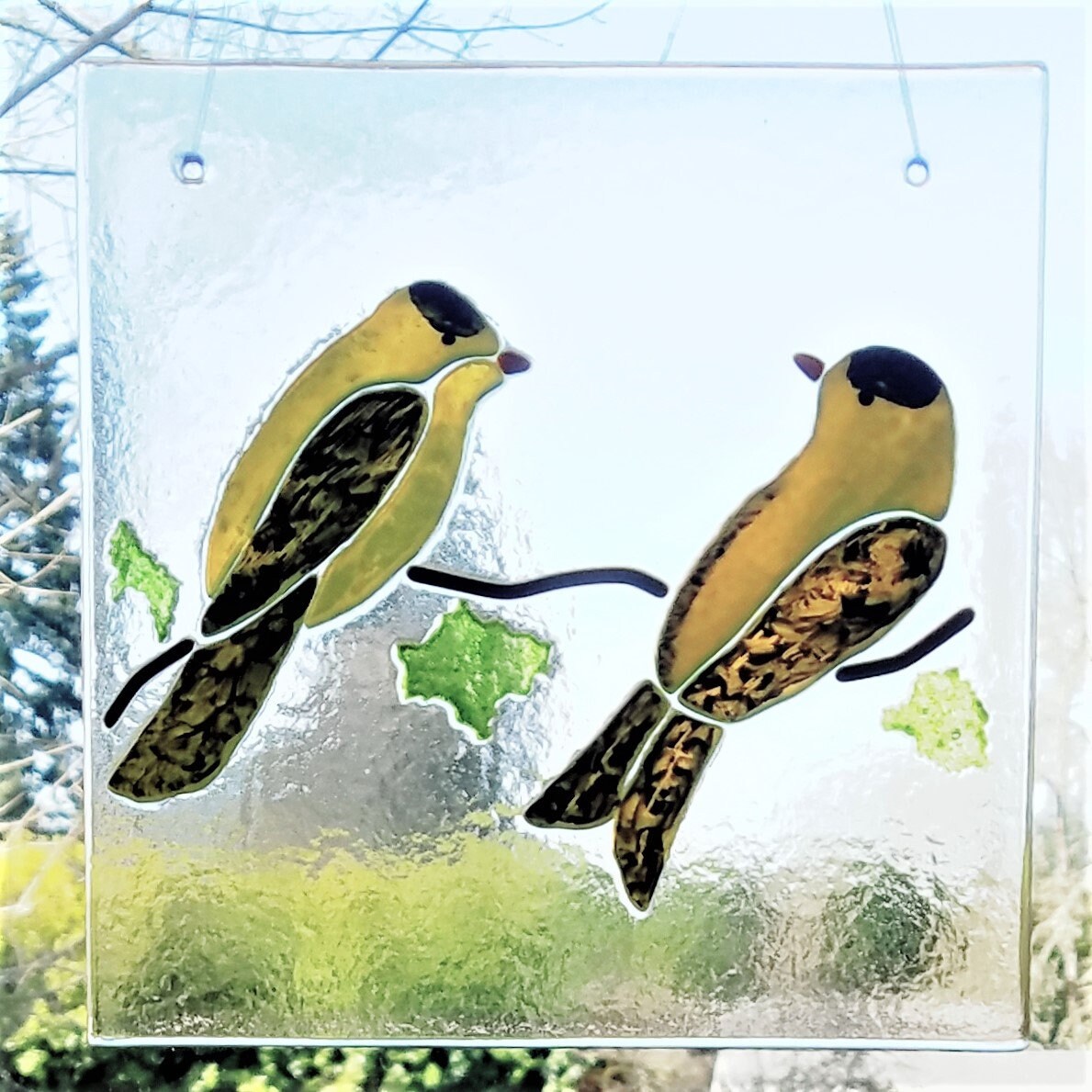 Birds Finches in Yellow Fused Glass With Hand Painting Window Hanging ...