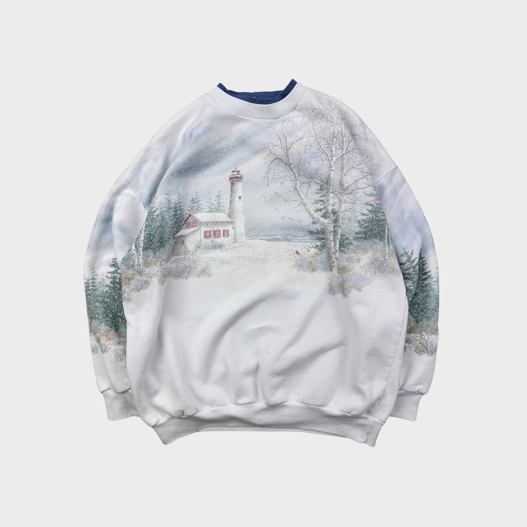 Vintage 90s Winter Wonderland Lighthouse All-over Print Crewneck ...