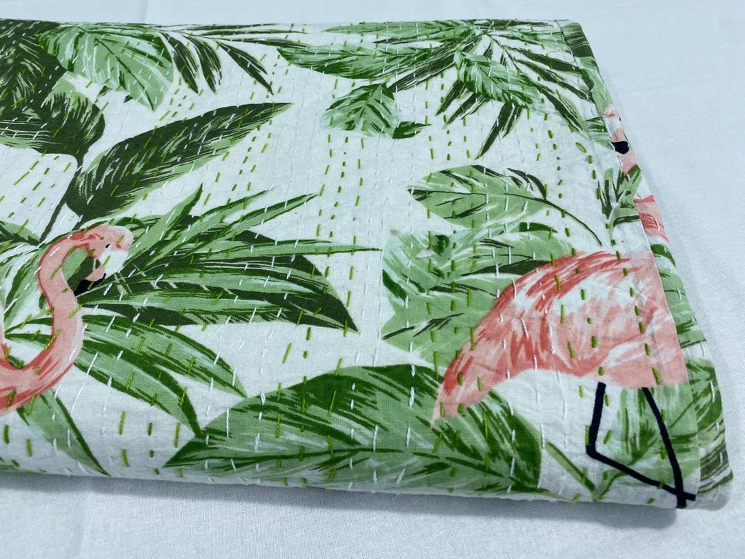 Handmade Kantha Quilt With Pink Flamingos & Tropical Leaves Antha ...