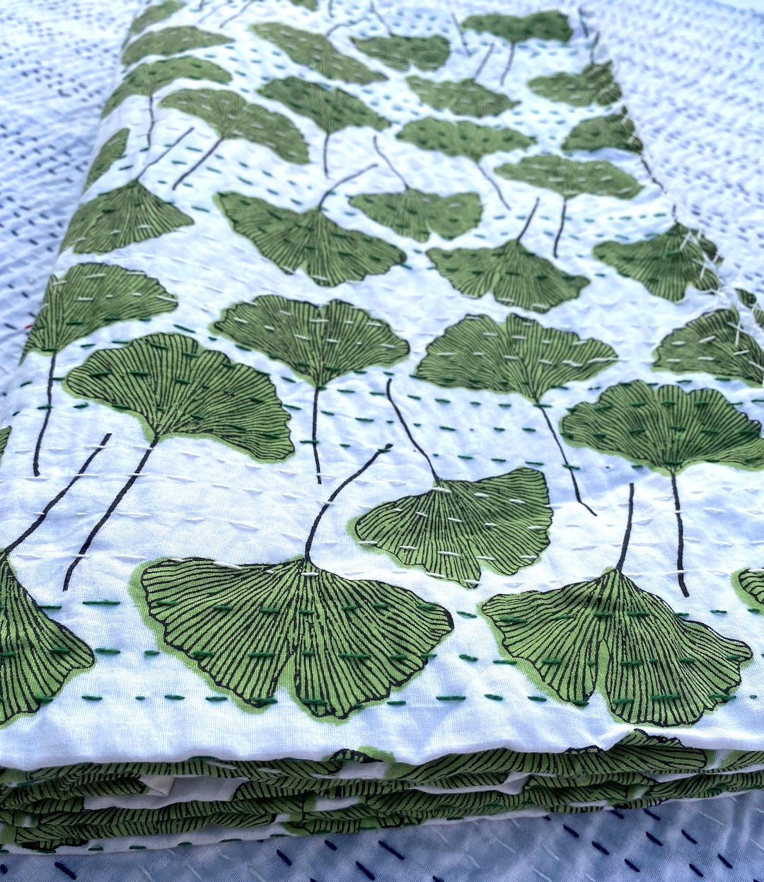 Green Ginkgo Leaf Indian Kantha Quilt, Handmade Cotton Blanket ...