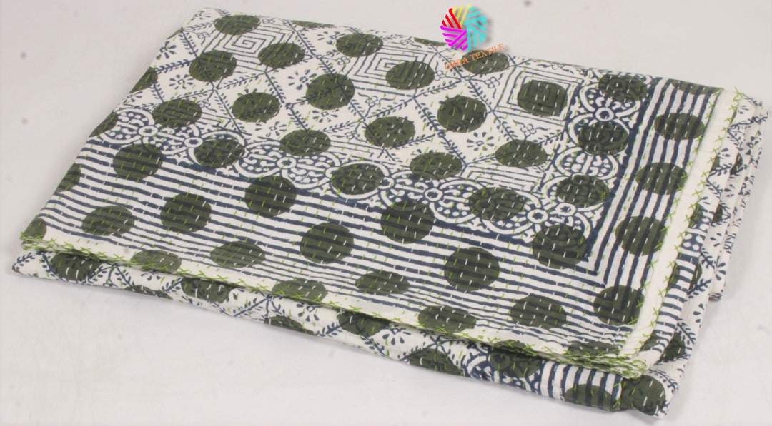 Green Polka Dot Indian Kantha Quilt Handmade Pure Cotton Geometric ...