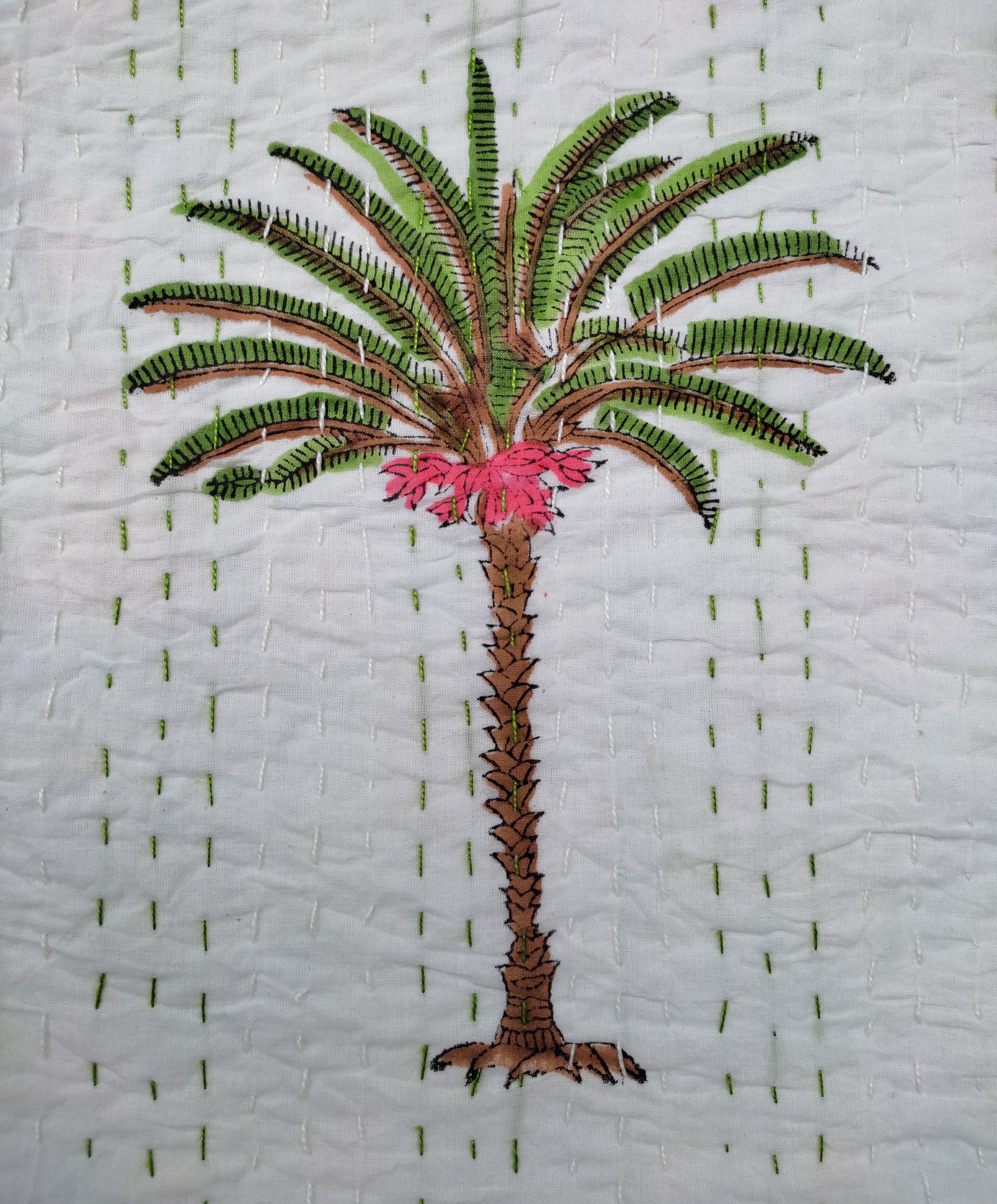 Palm Tree Block Print Kantha Quilt Queen Throw Blanket Cotton Kantha ...
