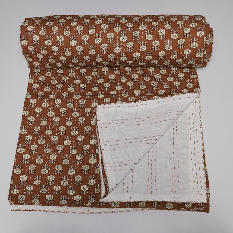 Rust Brown Floral Block Print Kantha Quilt Handmade Cotton Bedspread ...