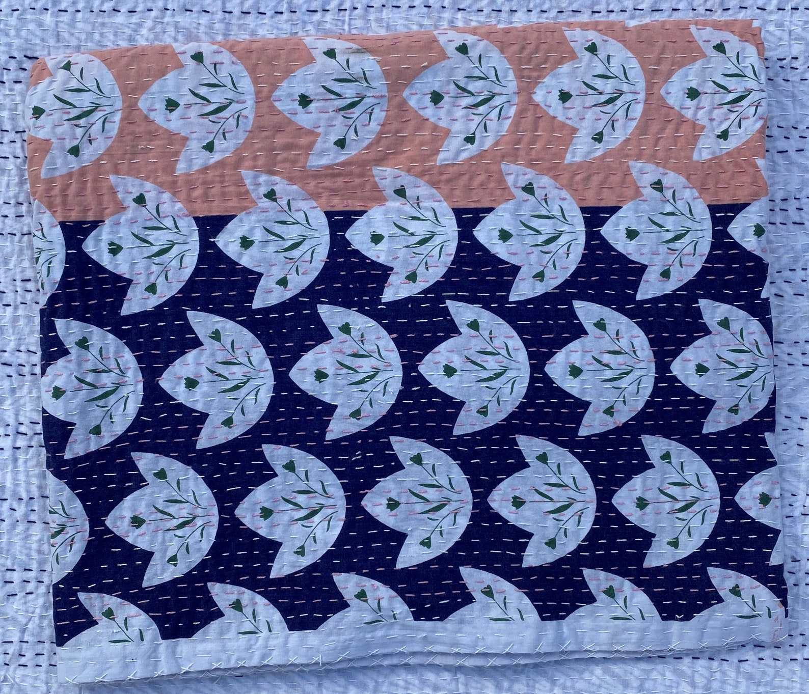 Blue Bright Pink Color Indian Quilt Hand Block Print Quilt Kantha ...