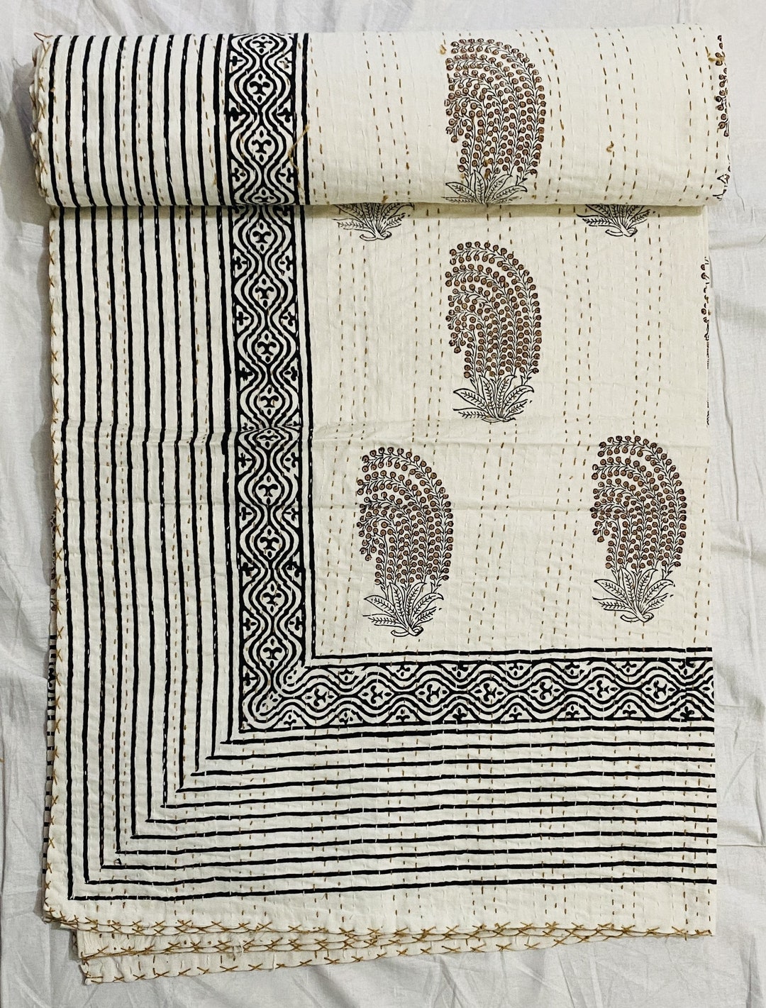 White Black Block Print Indian Kantha Quilt Handmade Cotton Bedspread ...
