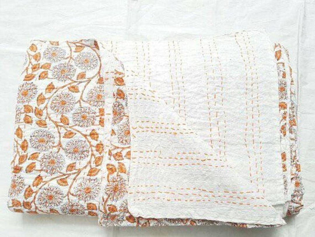 Kantha Orange Quilt Indian Throw Summer Soft Blanket Indian Kantha ...
