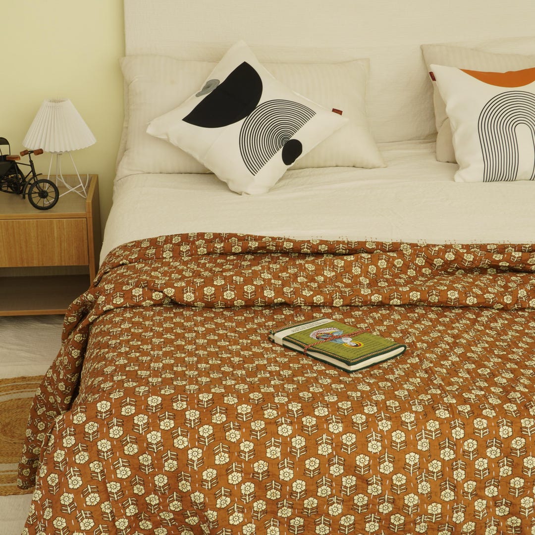 Rust Brown Floral Block Print Kantha Quilt Handmade Cotton Bedspread ...