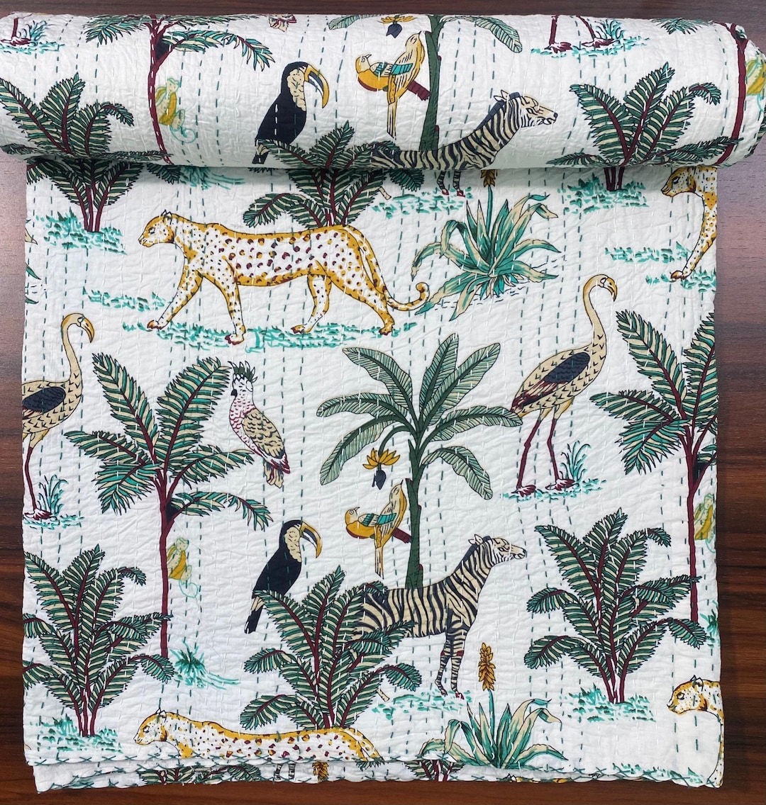 Jungle Animal Indian Kantha Quilt Handmade, Safari Block Print Cotton ...