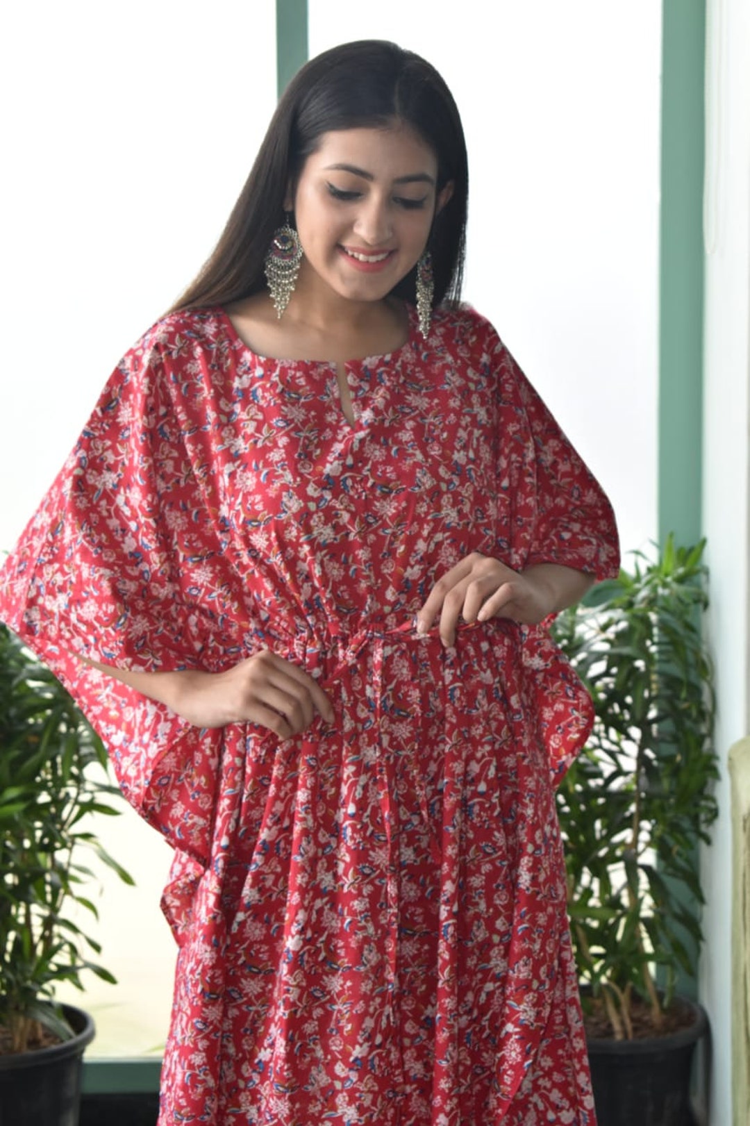 Red Color Beautiful Flowers Kaftan One Size Plus Resort - Etsy