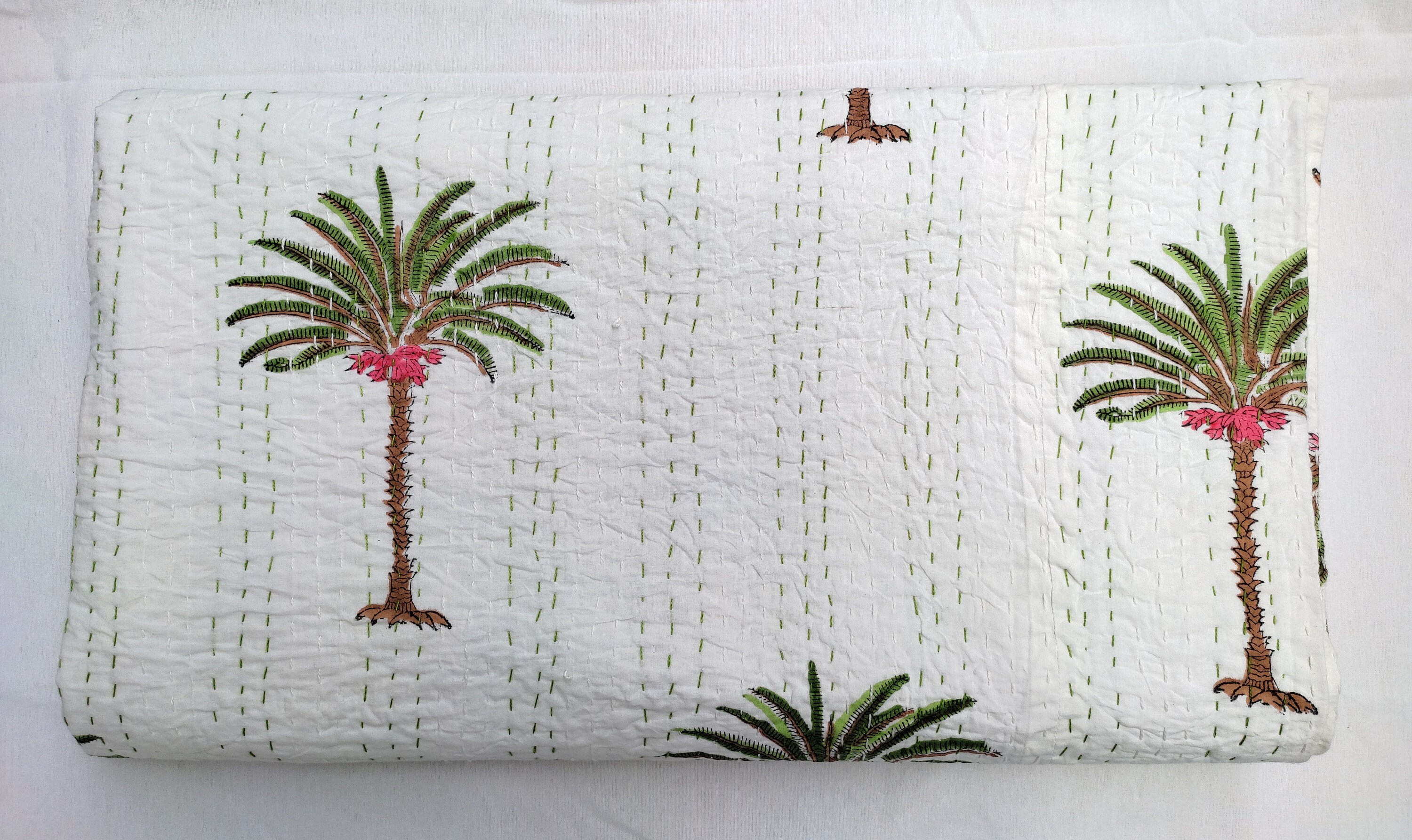 Palm Tree Block Print Kantha Quilt Queen Throw Blanket Cotton Kantha ...