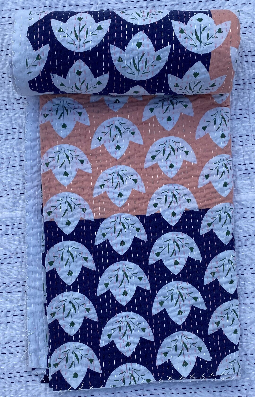 Blue Bright Pink Color Indian Quilt Hand Block Print Quilt Kantha ...