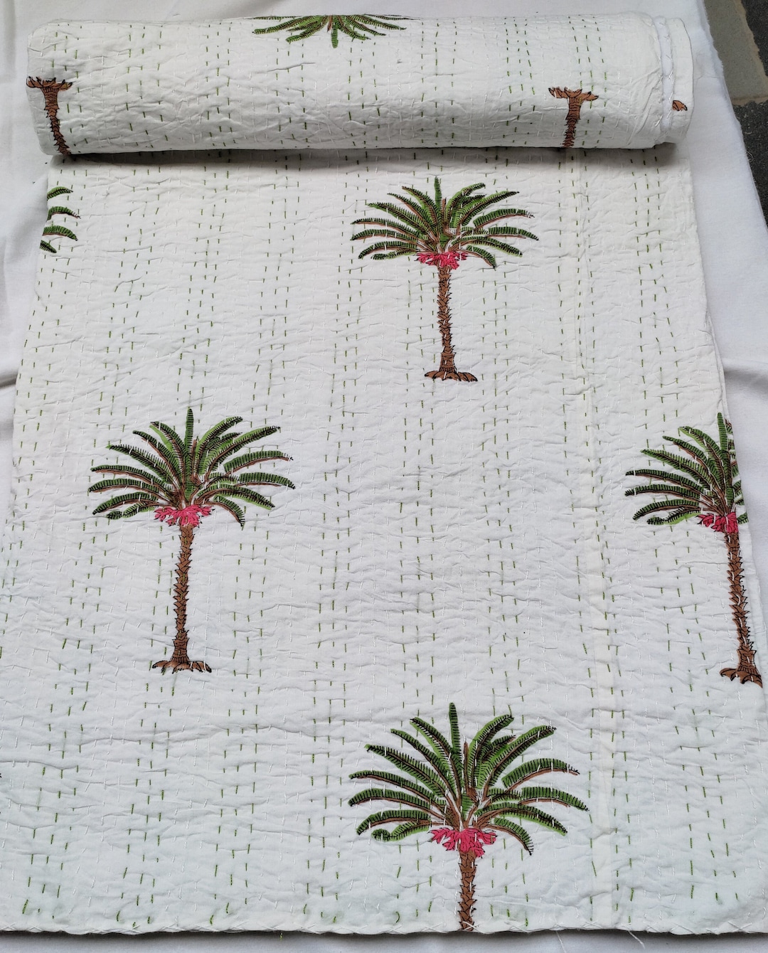 Palm Tree Block Print Kantha Quilt Queen Throw Blanket Cotton Kantha ...
