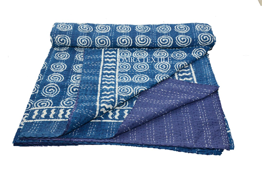 Kantha Quilt Blue Vintage Kantha Manta Colcha Indio Hecho a mano ...