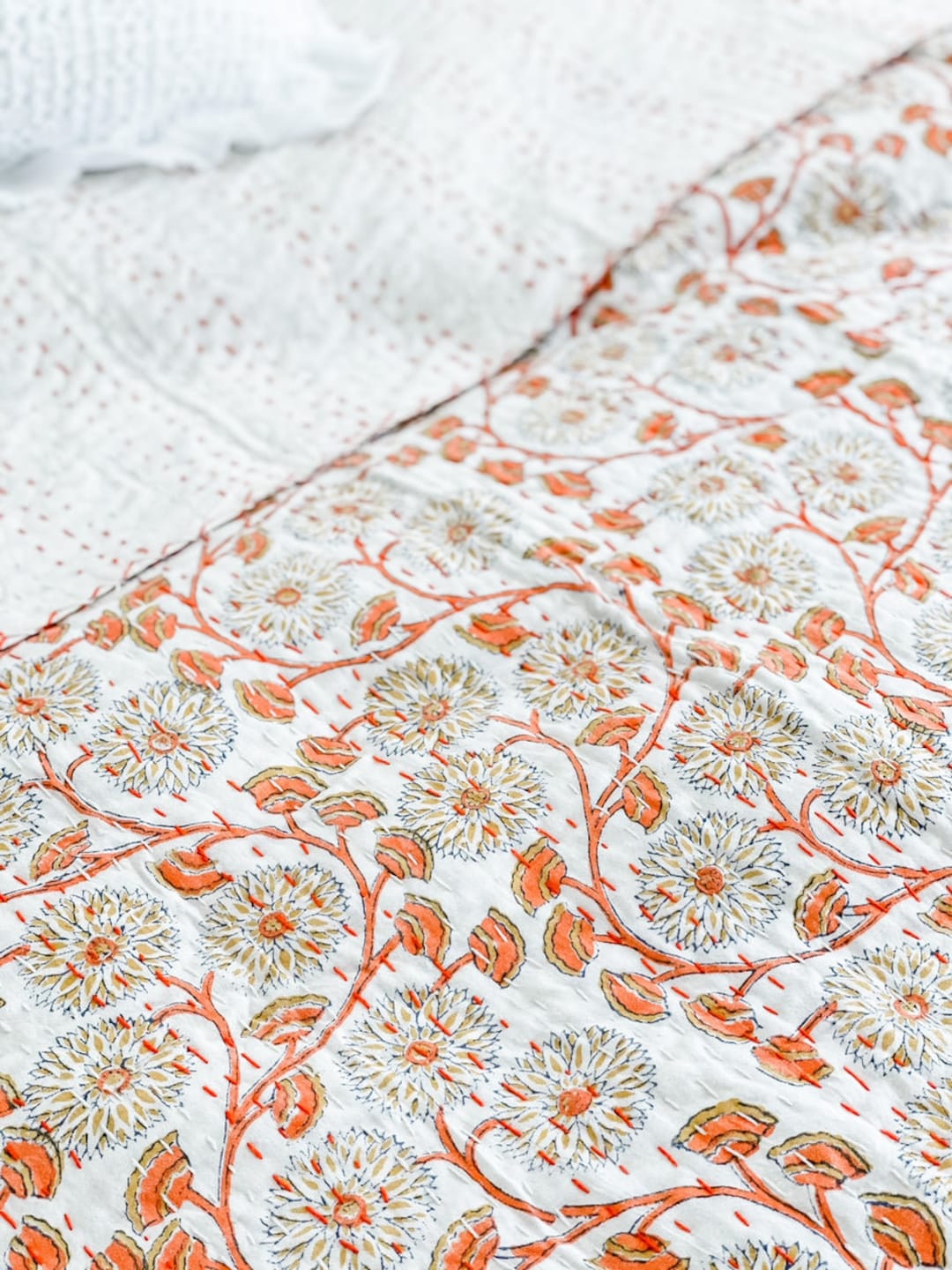 Kantha Orange Quilt Indian Throw Summer Soft Blanket Indian Kantha ...