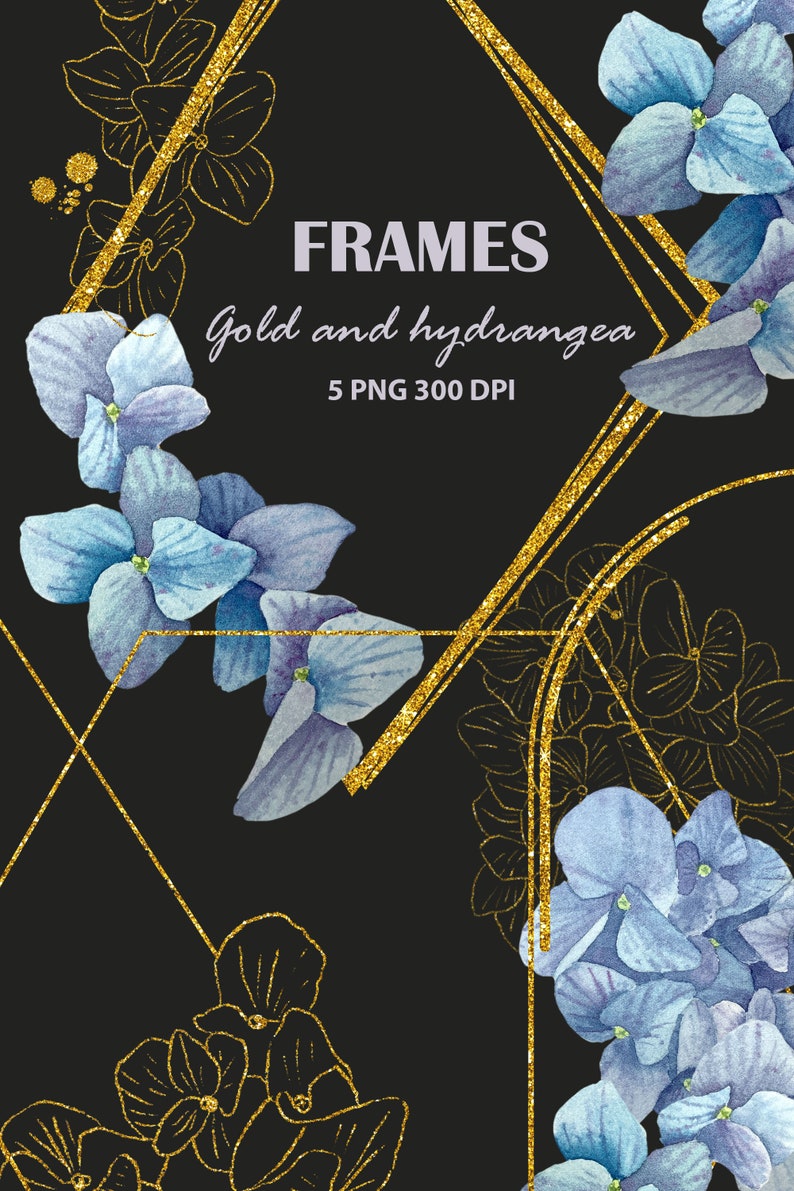 Hydrangea Gold Frame, Floral Clipart, Watercolor Flower Clipart ...