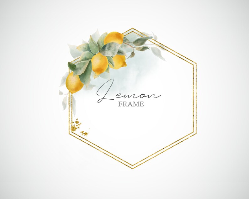 Lemon Frame Clipart, Watercolor Gold Hexagonal Frame Lemons Fruit ...