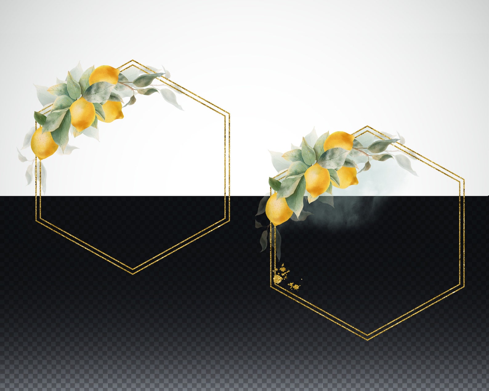 Lemon Frame Clipart, Watercolor Gold Hexagonal Frame Lemons Fruit ...