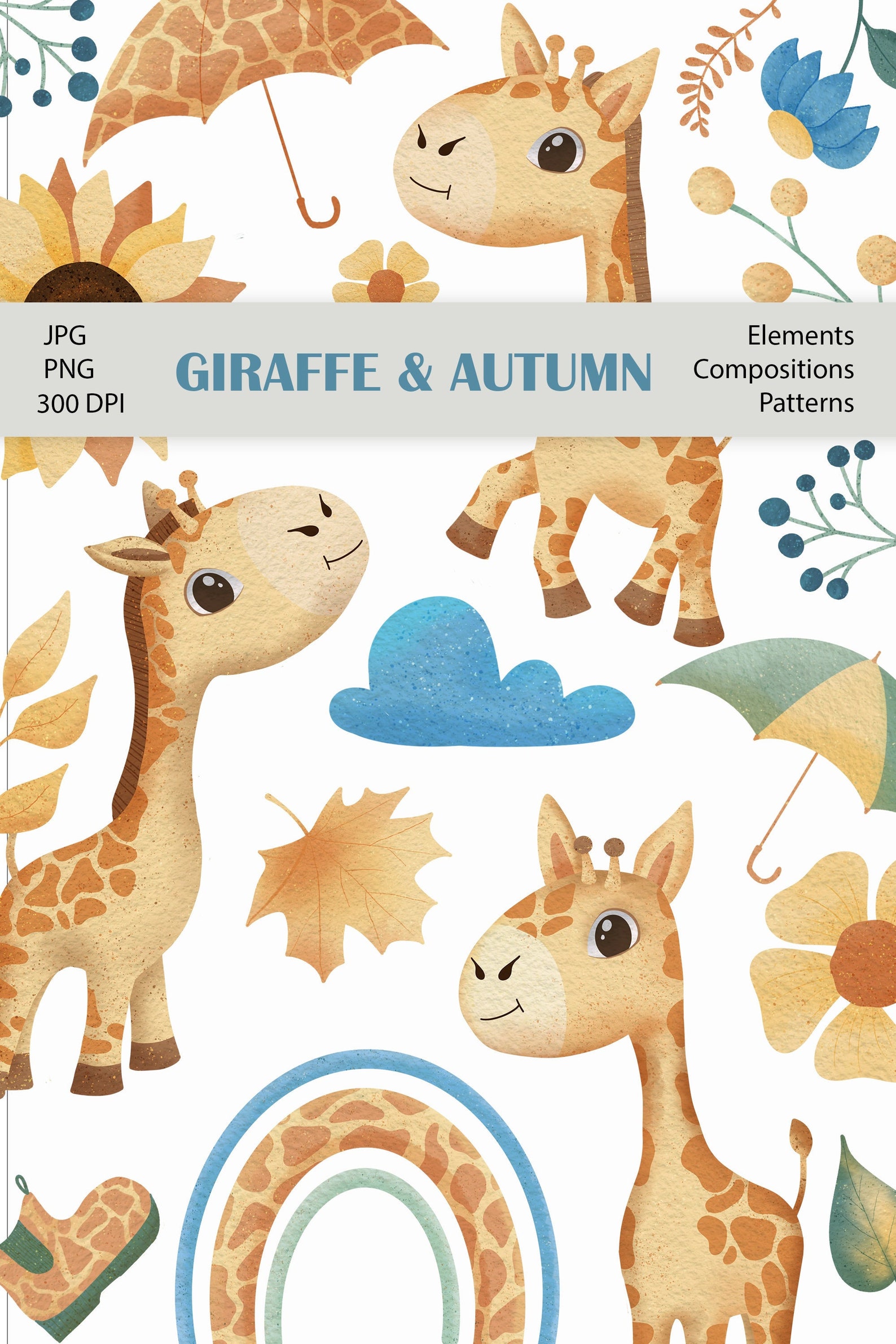Giraffe in Fall Watercolor Clipart, Watercolor Clipart Png, Spring ...