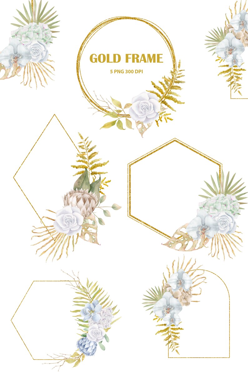 Hydrangea and Rose Gold Frame, Floral Clipart, Flower Clipart, Weddings ...