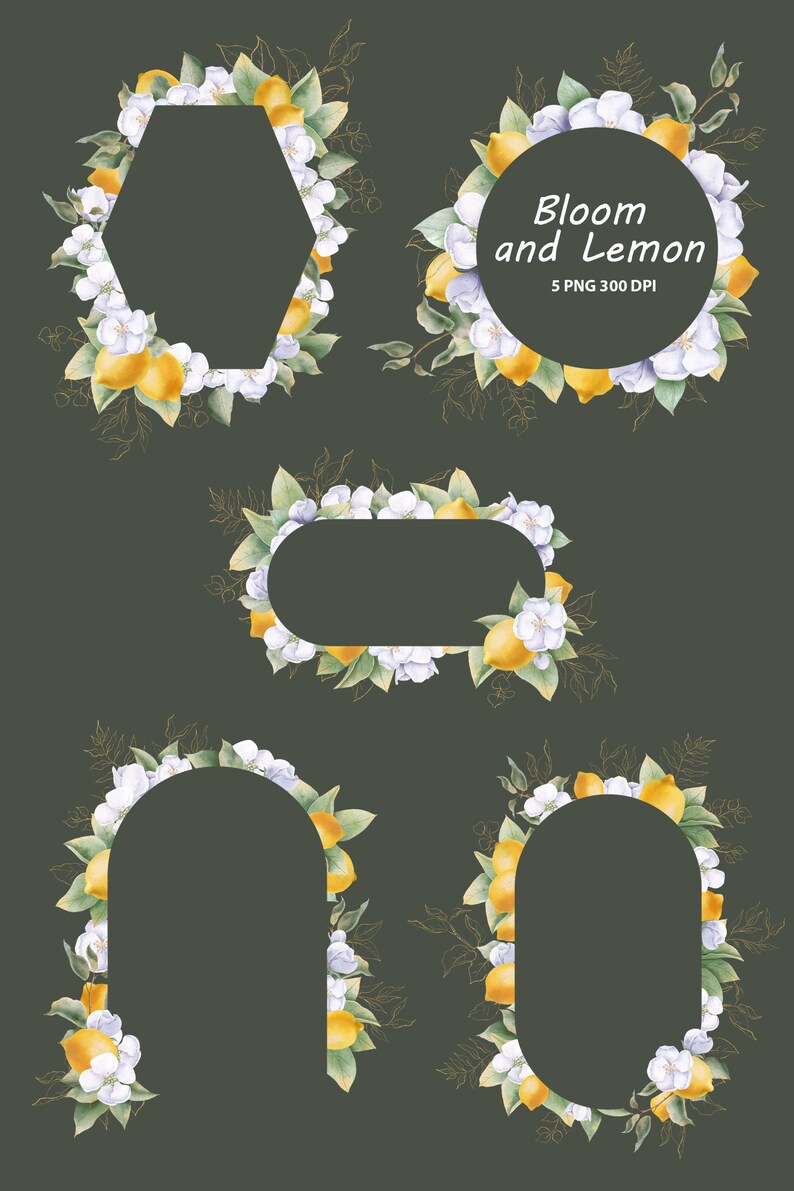 Lemon Frame Clipart, Watercolor Clipart and White Bloom, Frame Lemons ...