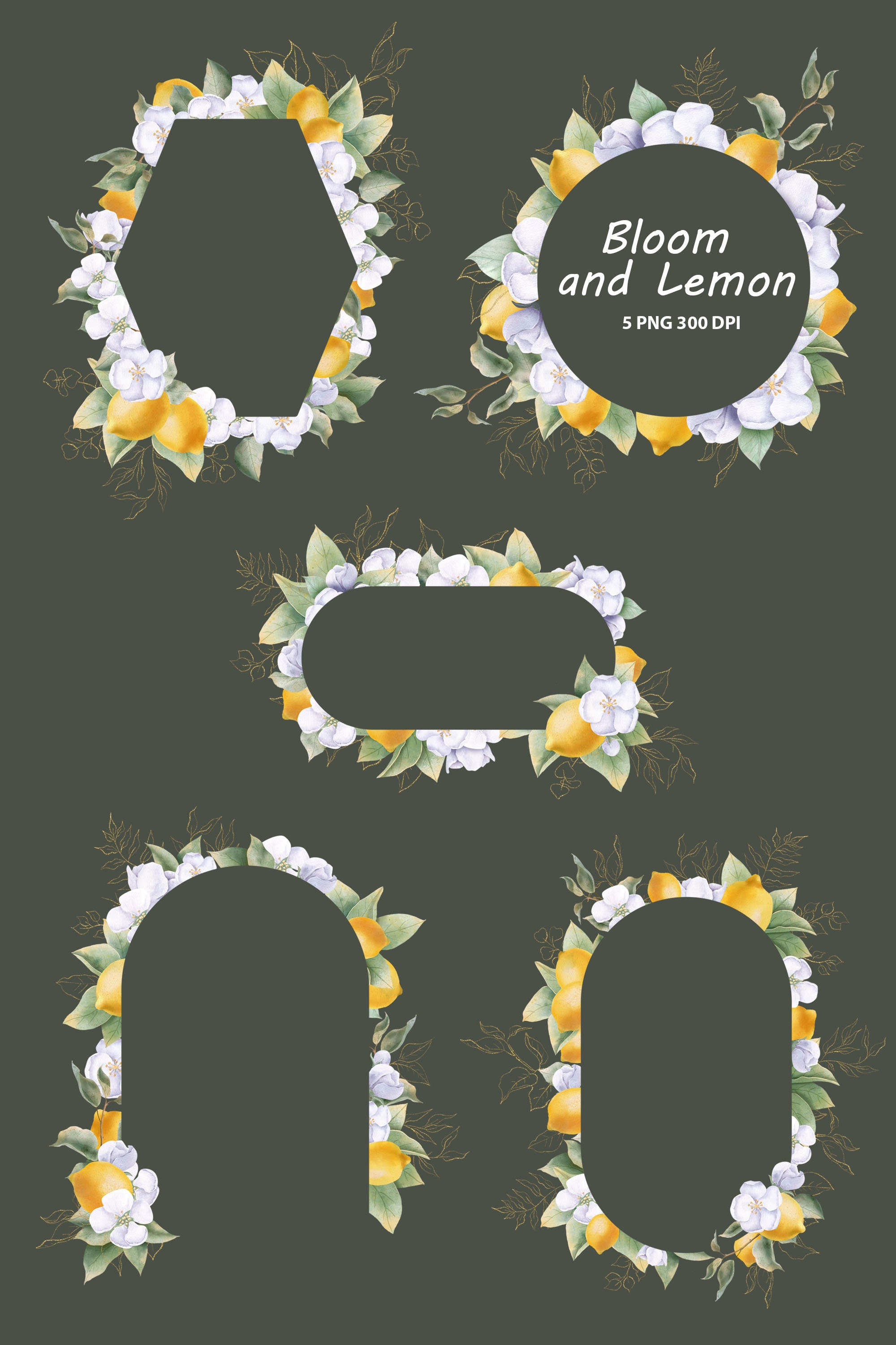 Lemon Frame Clipart, Watercolor Clipart and White Bloom, Frame Lemons ...