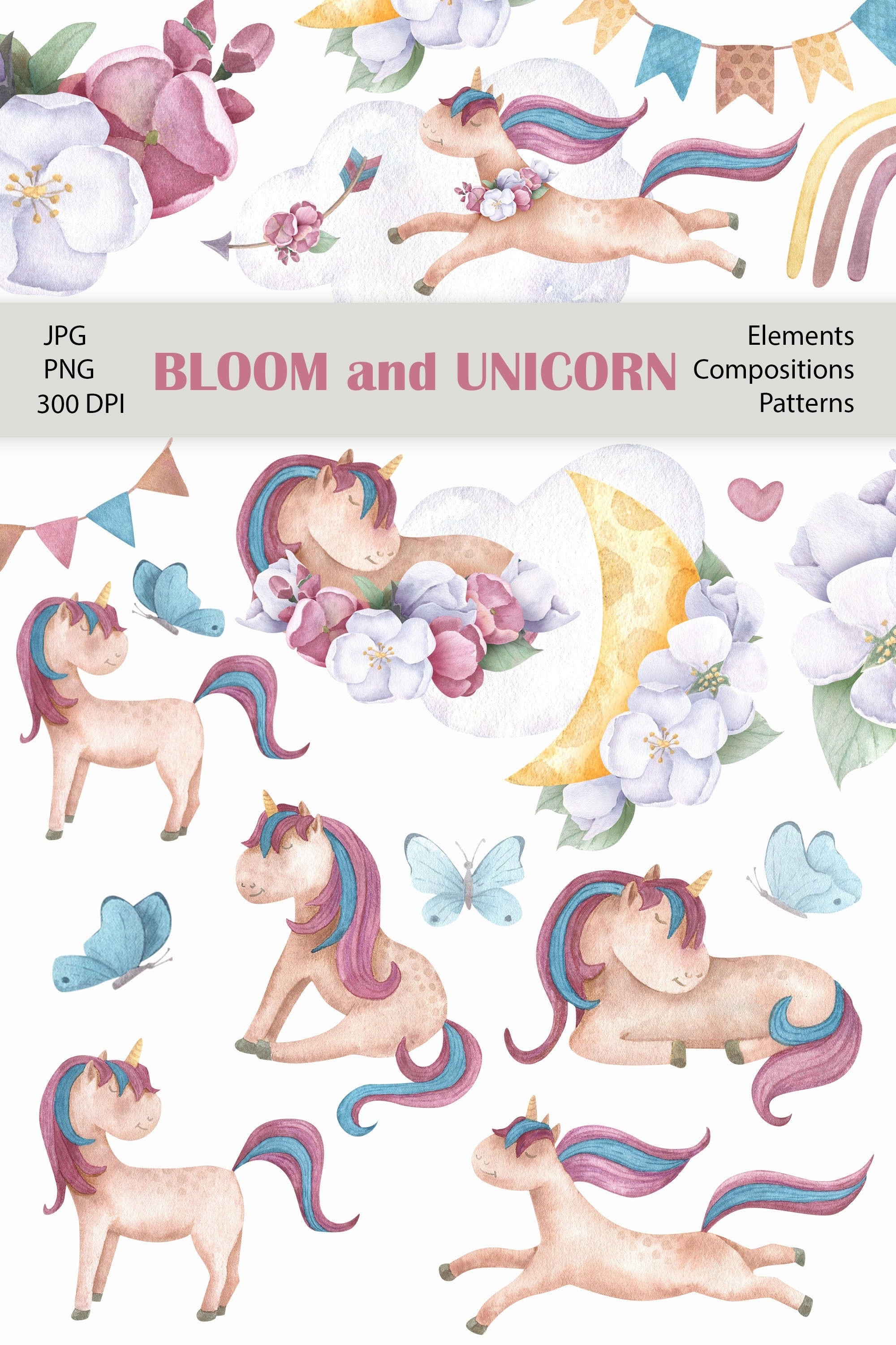 Unicorn Watercolor Clipart, Watercolor Clipart Png, Spring Bloom ...