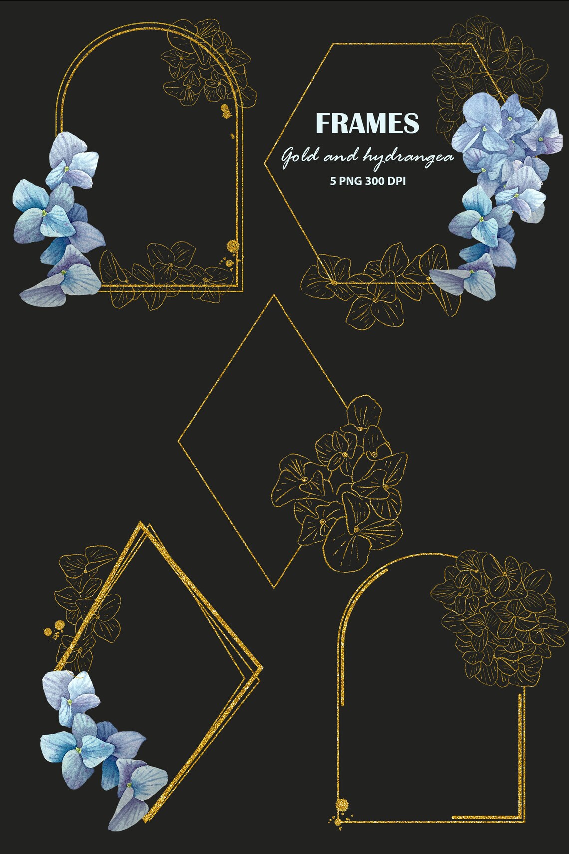 Hydrangea Gold Frame, Floral Clipart, Watercolor Flower Clipart ...