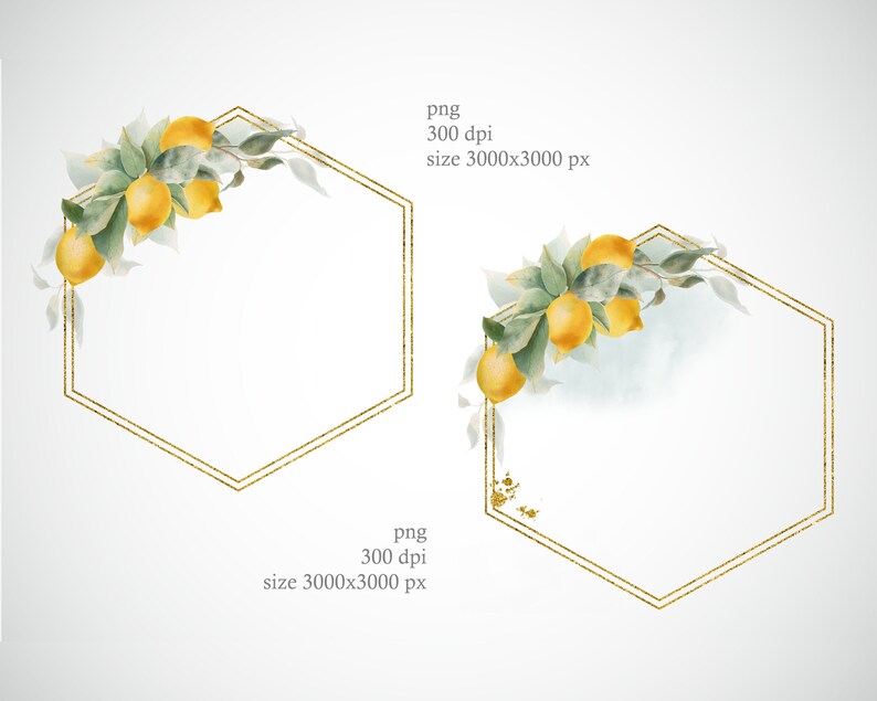 Lemon Frame Clipart, Watercolor Gold Hexagonal Frame Lemons Fruit ...