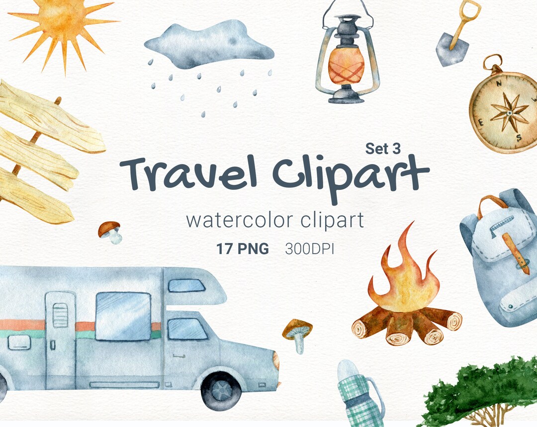 Watercolor Travel Clipart, Camping Png, Camper Clipart, Travel Theme ...