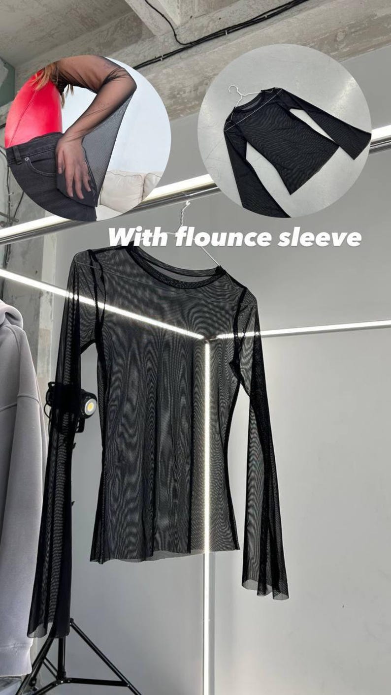See Through Black Mesh Top, Long Sleeve Mesh Panel Sleeves Lace Top ...