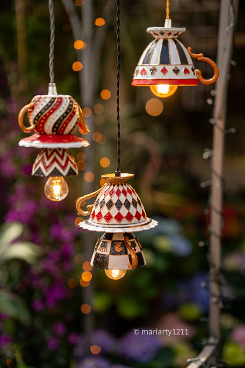 Set of Three Mad Tea Party Teacup Pendant Chandeliers White Rabbit ...
