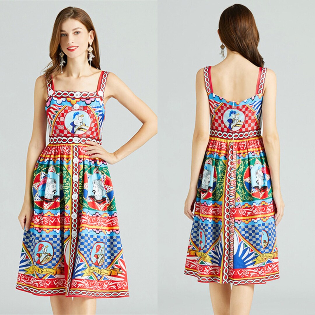 Chic Sicilian Mosaic Print Midi Dress Italian Summer Style - Etsy