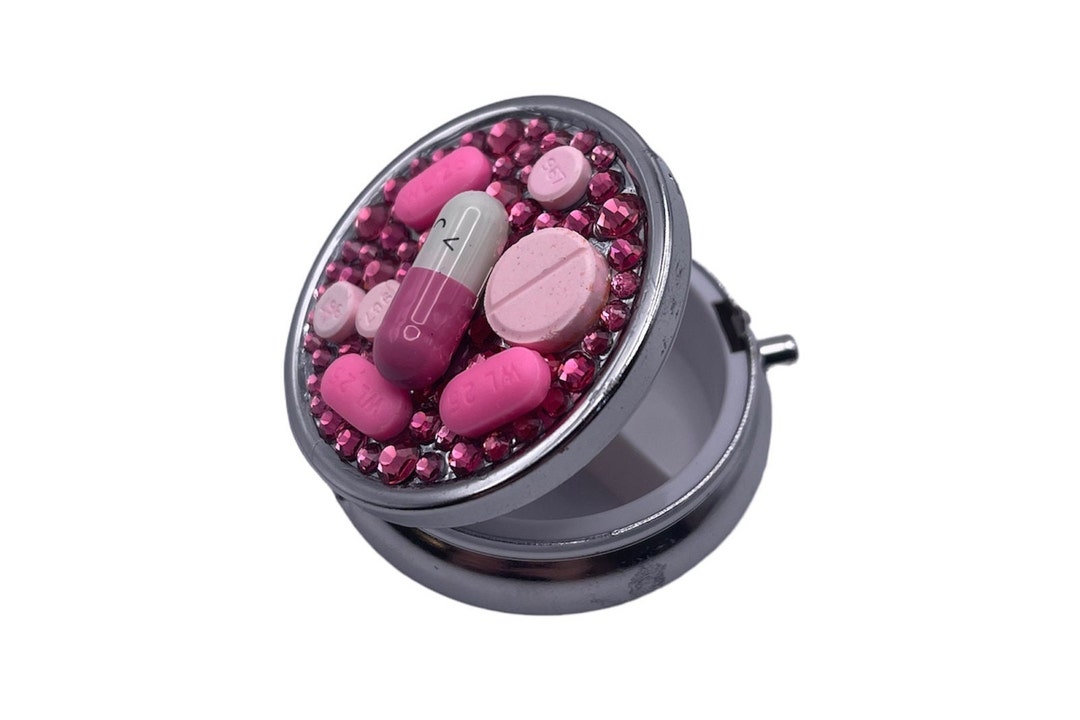 Pink Pill Case With Rhinestones and Resin Pills Super Cute Vitamin Box ...
