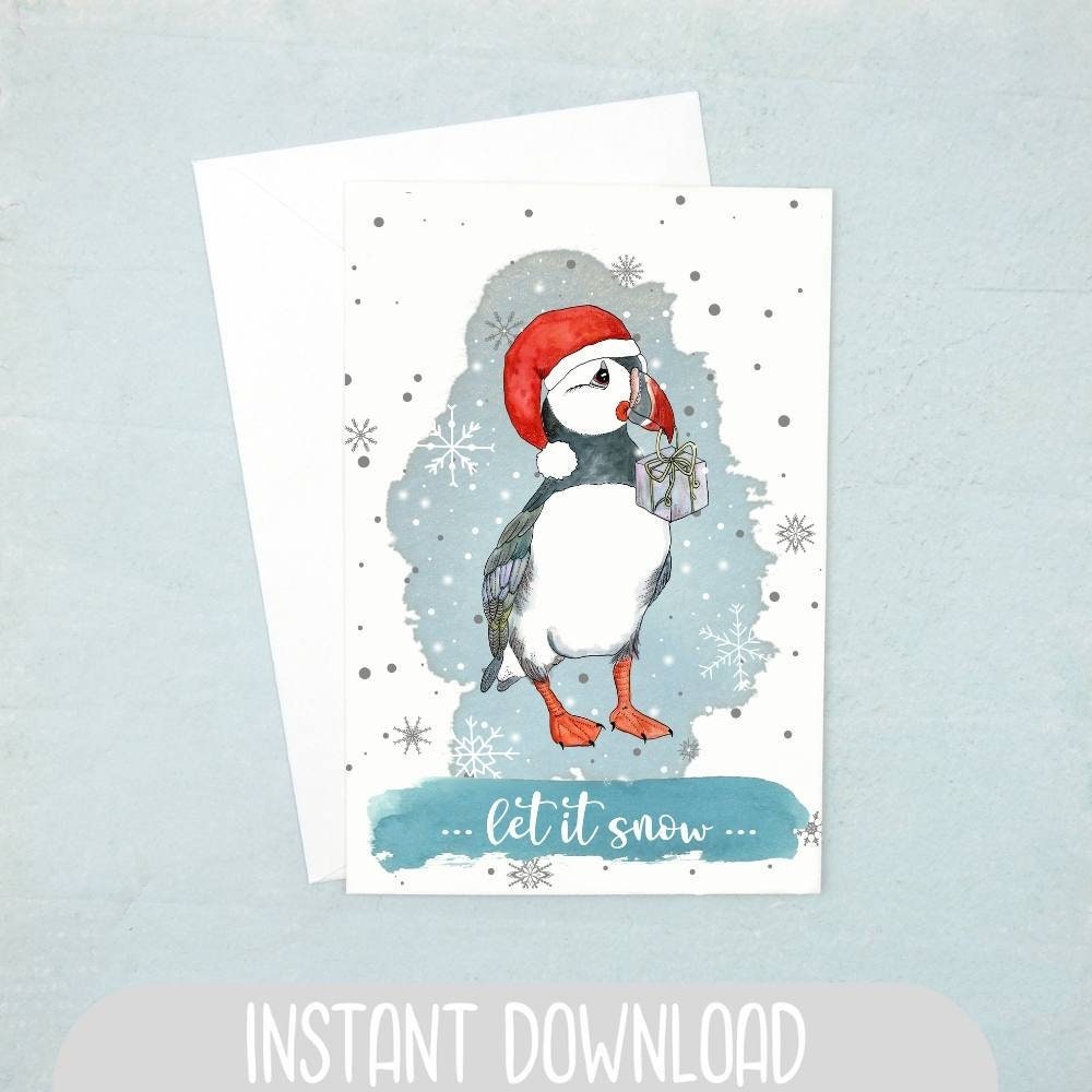 Let It Snow Cute Puffin Bird Printable Christmas Greeting Card for ...