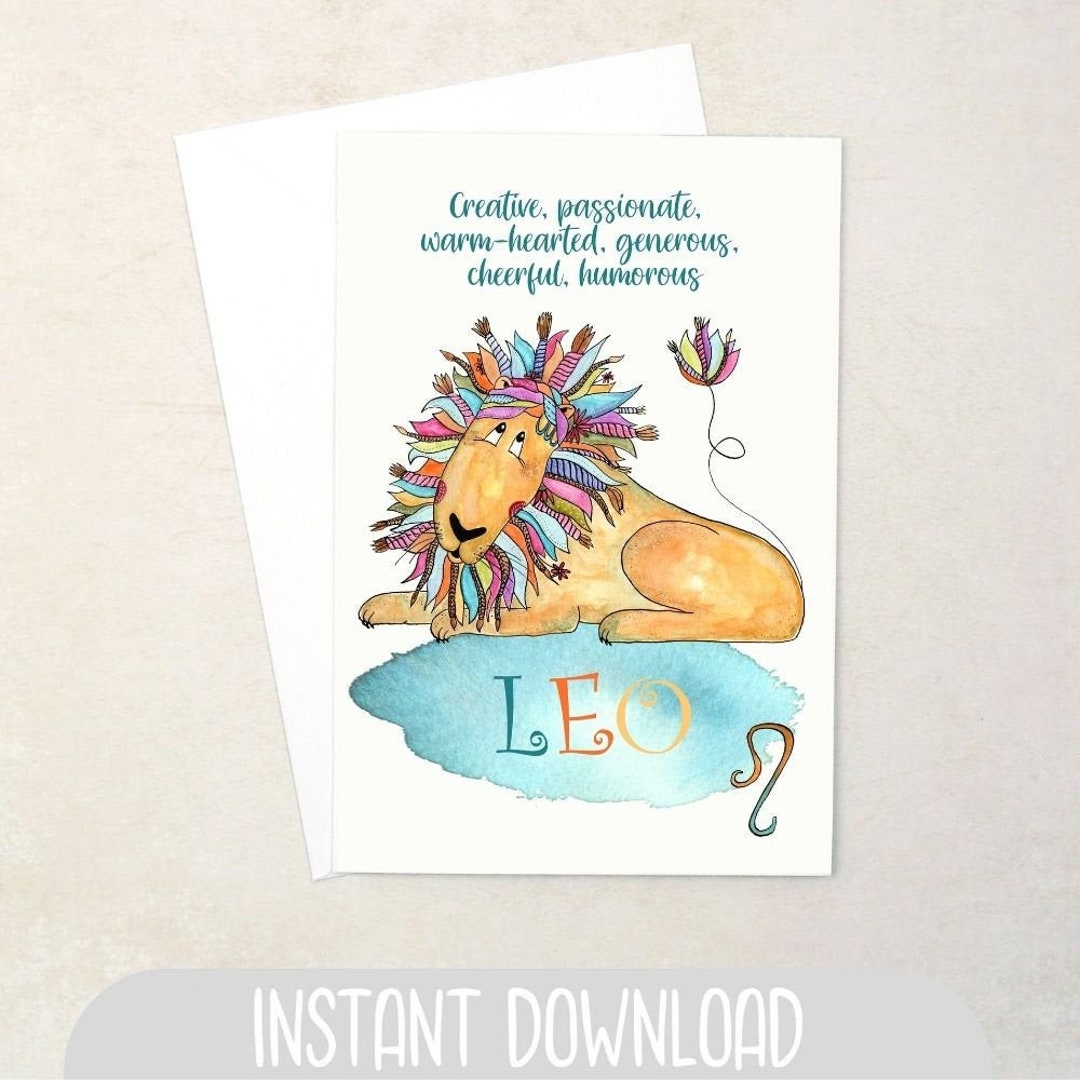 Leo Card for Kids Printable, Instant Zodiac Sign Greeting Card ...