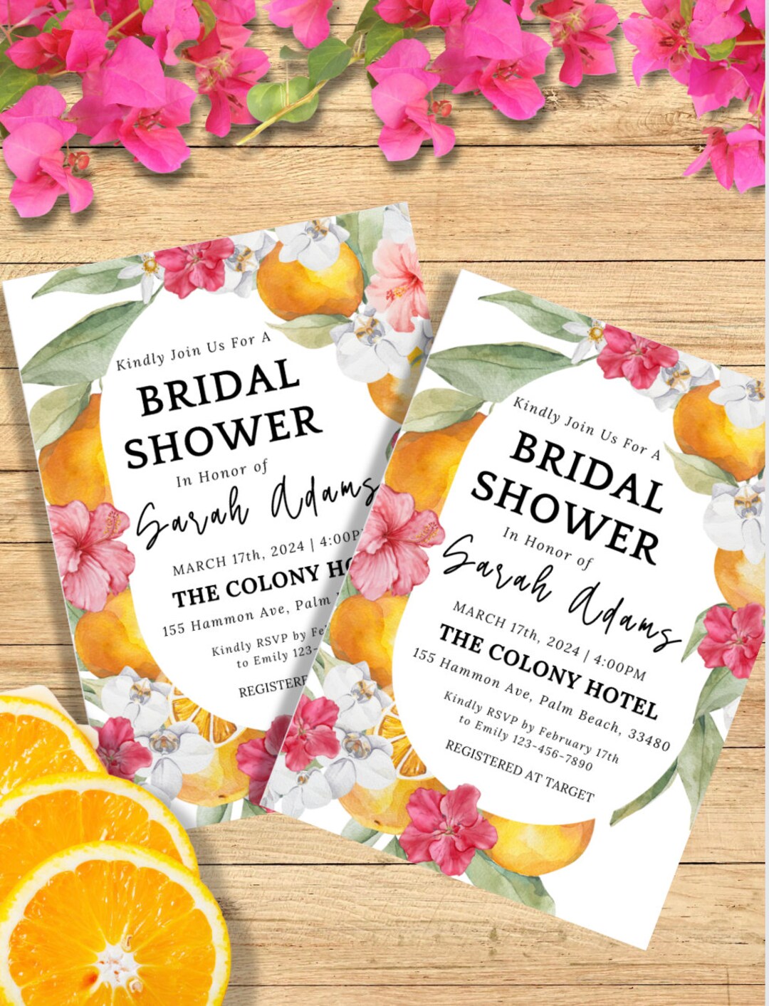 Orange & Pink Tropical Bridal Shower Invitation | Bougainvillea, Orchid ...