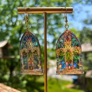 Gold Stained Glass Window Earrings Gothic Cathedral Cross Pattern - Etsy