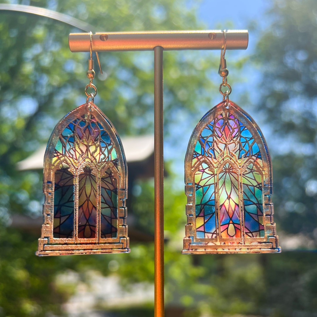 Gold Stained Glass Window Earrings Gothic Cathedral Cross Pattern - Etsy