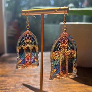Gold Stained Glass Window Earrings Gothic Cathedral Cross Pattern - Etsy