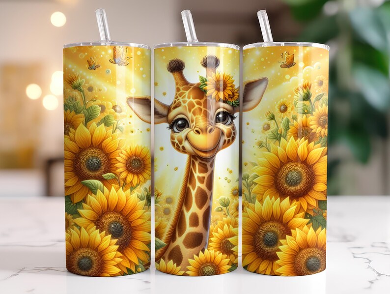 Sunflower Giraffe Tumbler: Giraffe Gifts, Floral Giraffe Cup With Straw ...