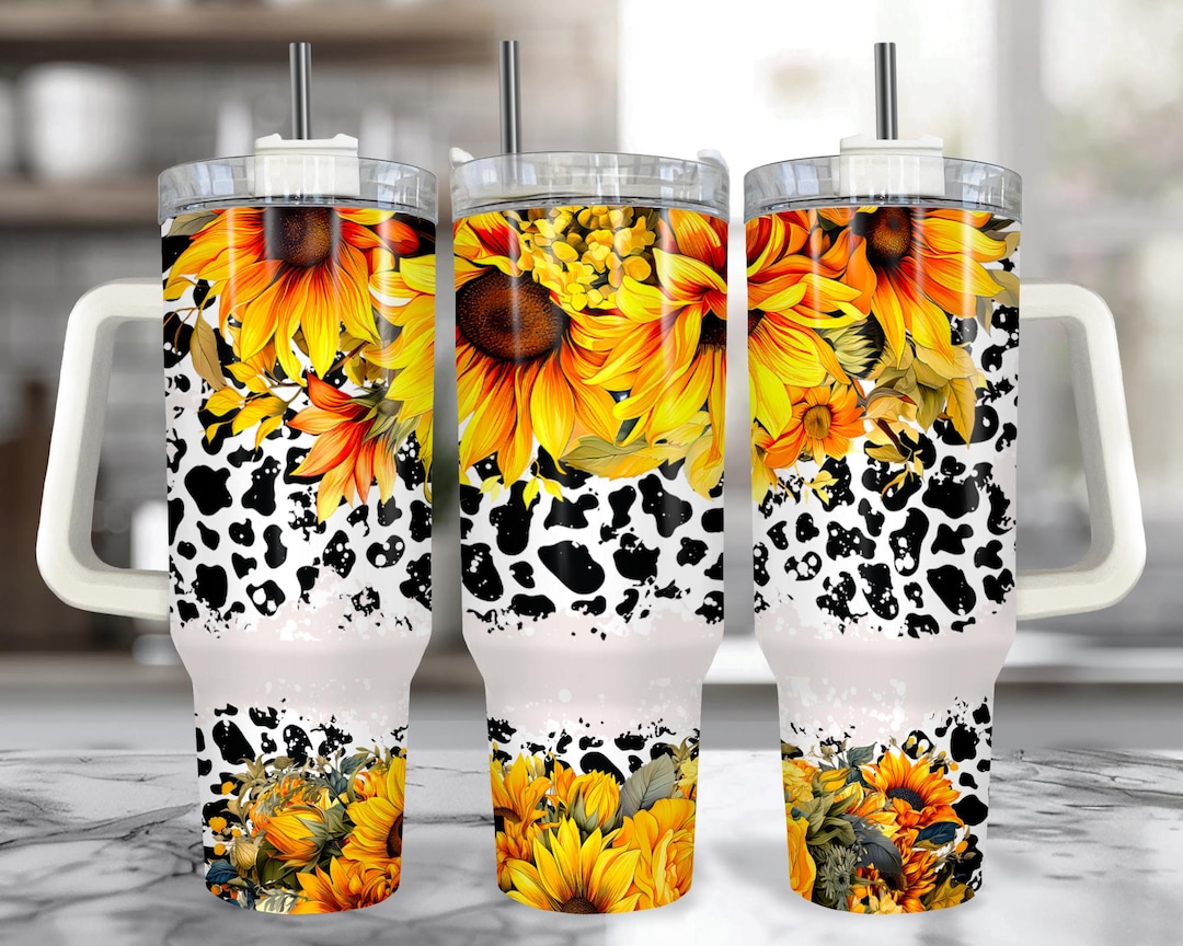 Sunflower Cow Print 40 Oz Tumbler With Handle, Cow Print Cup With Straw ...