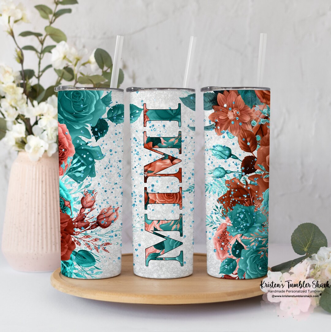 Mimi Gifts Floral Mimi Tumbler Teal and Copper Floral Mimi Cup Perfect ...