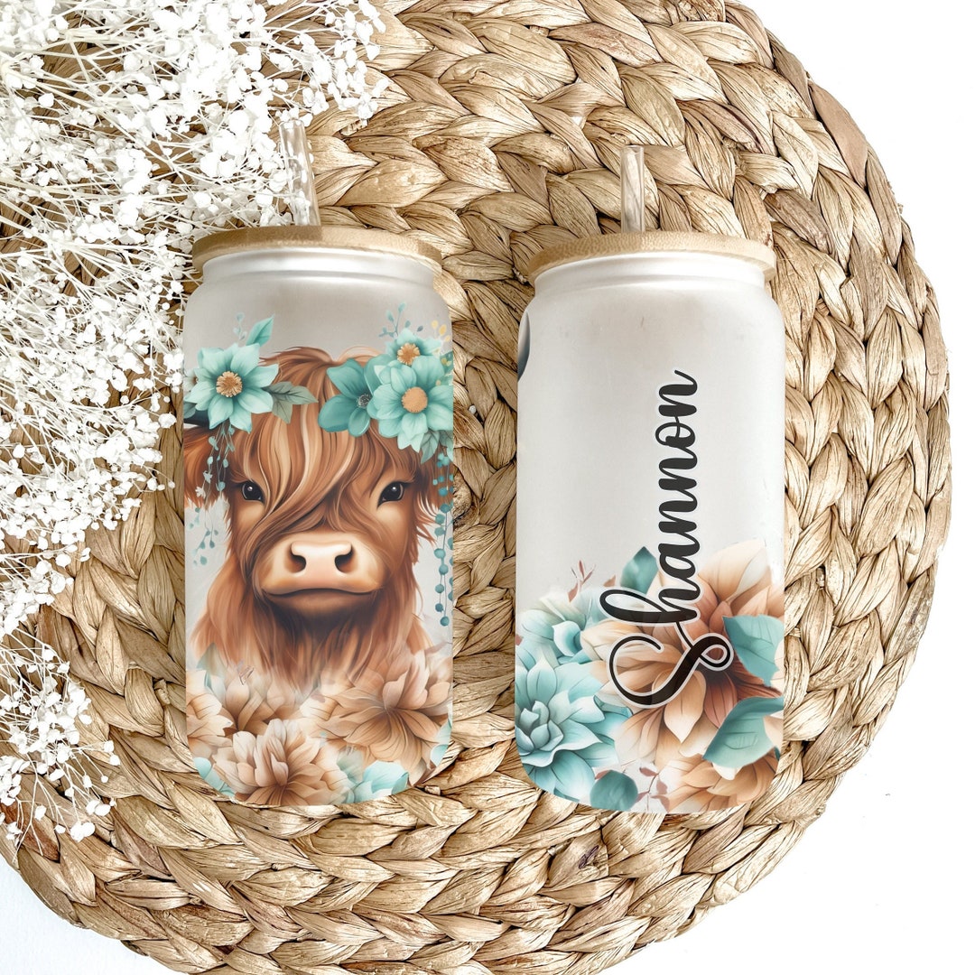 Highland Cow Glass Tumbler Personalized Cow Gifts for Her Teal Highland ...