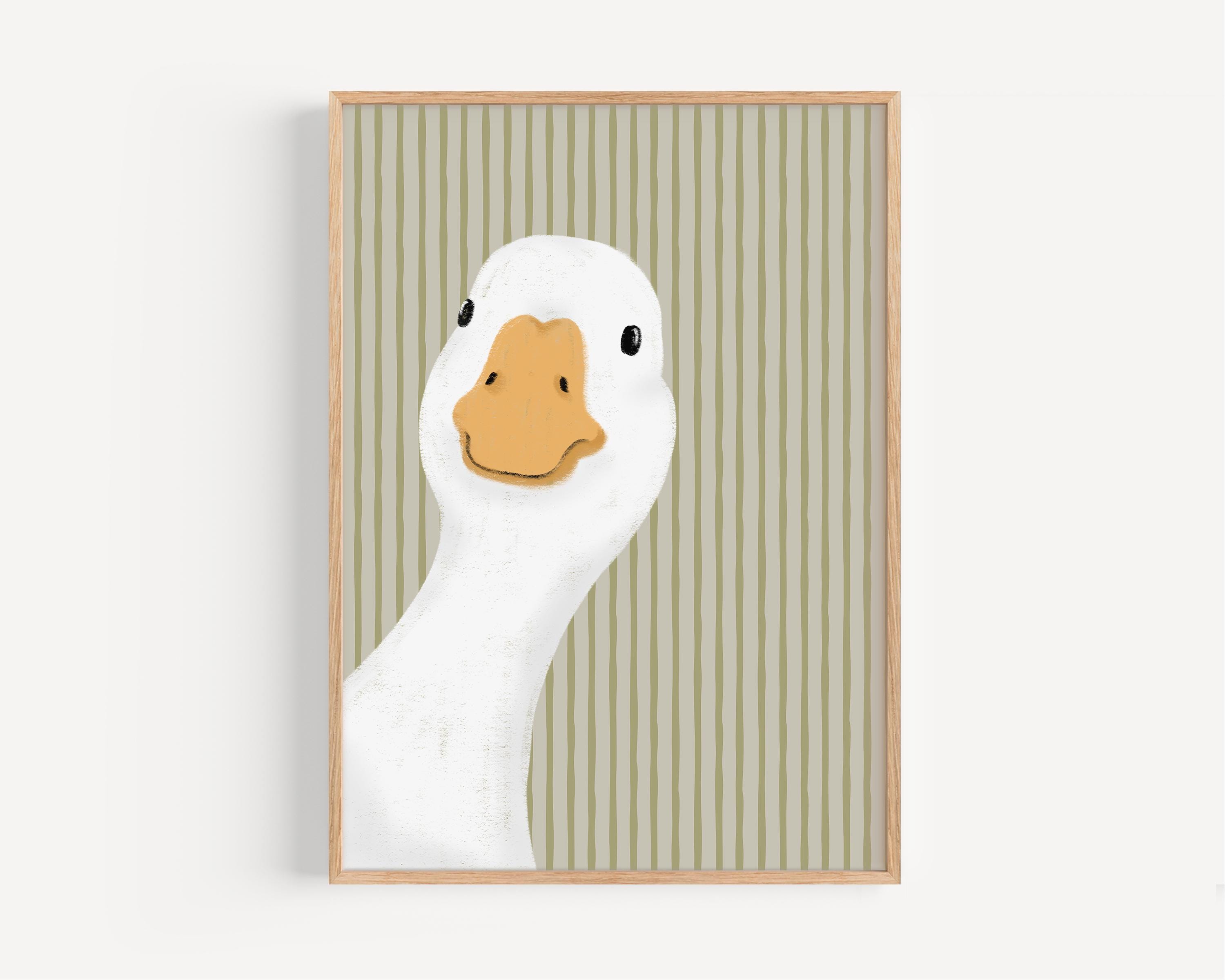 Cute Duck Digital Art Print Set - Playful Sage Green Stripes Wall Art ...