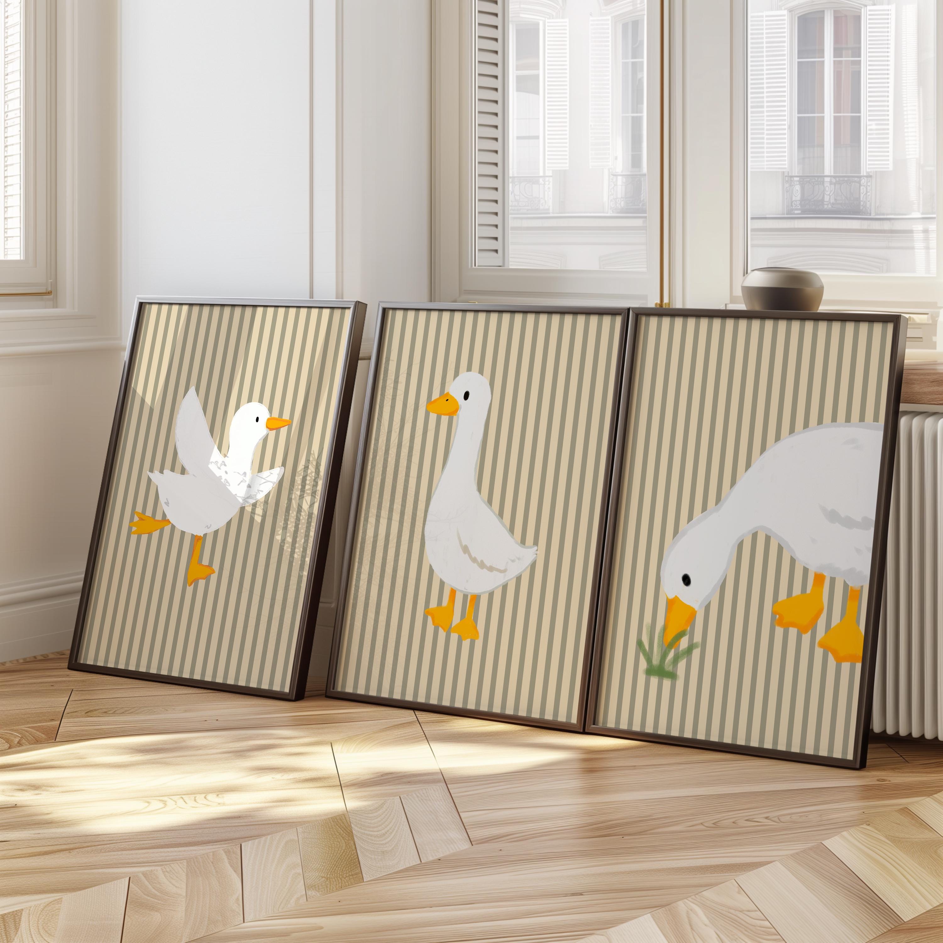 Printable Duck Poster Set: Beige Stripes, White Ducks, Nursery Posters ...