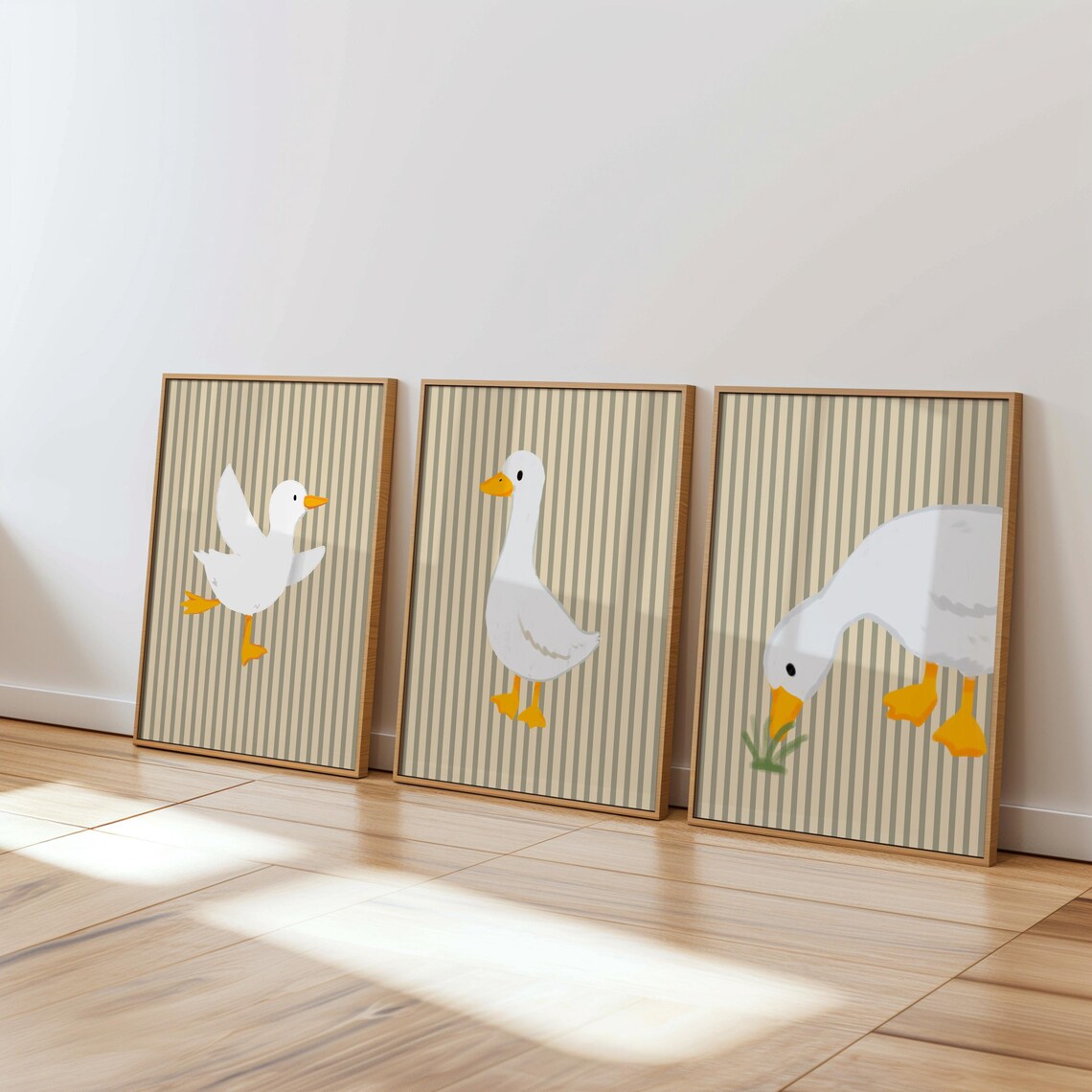 Printable Duck Poster Set: Beige Stripes, White Ducks, Nursery Posters ...