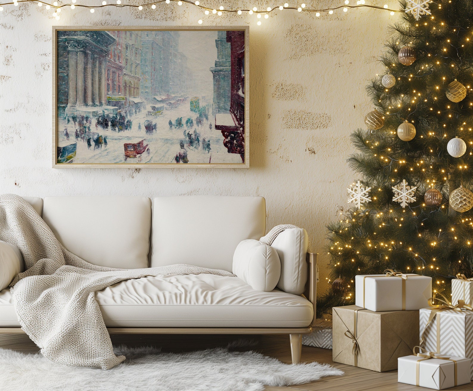 Vintage Winter Cityscape Art Print: Snowy Street Scene (digital ...