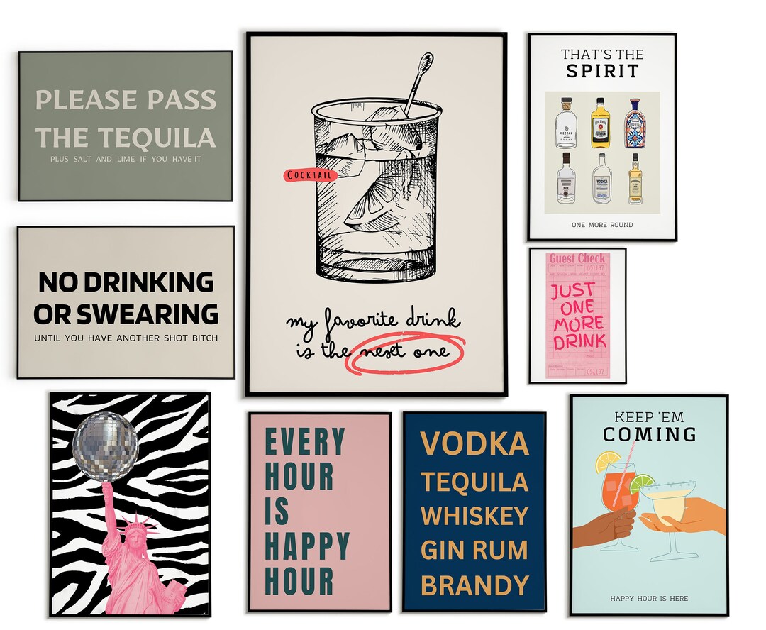 Bar Cart Decor | Set of 9 PRINTABLES | Colorful Bar Cart Prints ...