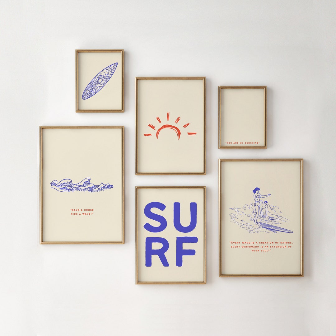 Surf Gallery Wall Art Prints: Retro Beach Decor (set of 6) (digital ...