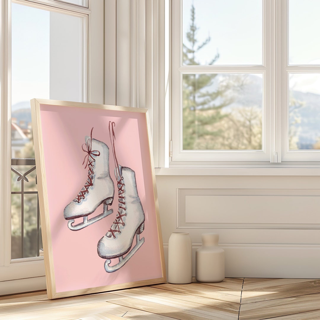 Vintage Ice Skates Art Print Pink Winter Wall Decor Cozy Ice Skating ...